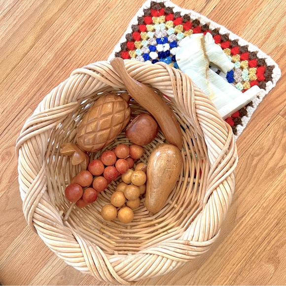 Accents | Vintage Handmade Monkey Pod Carved Fruit With Granny Square ...